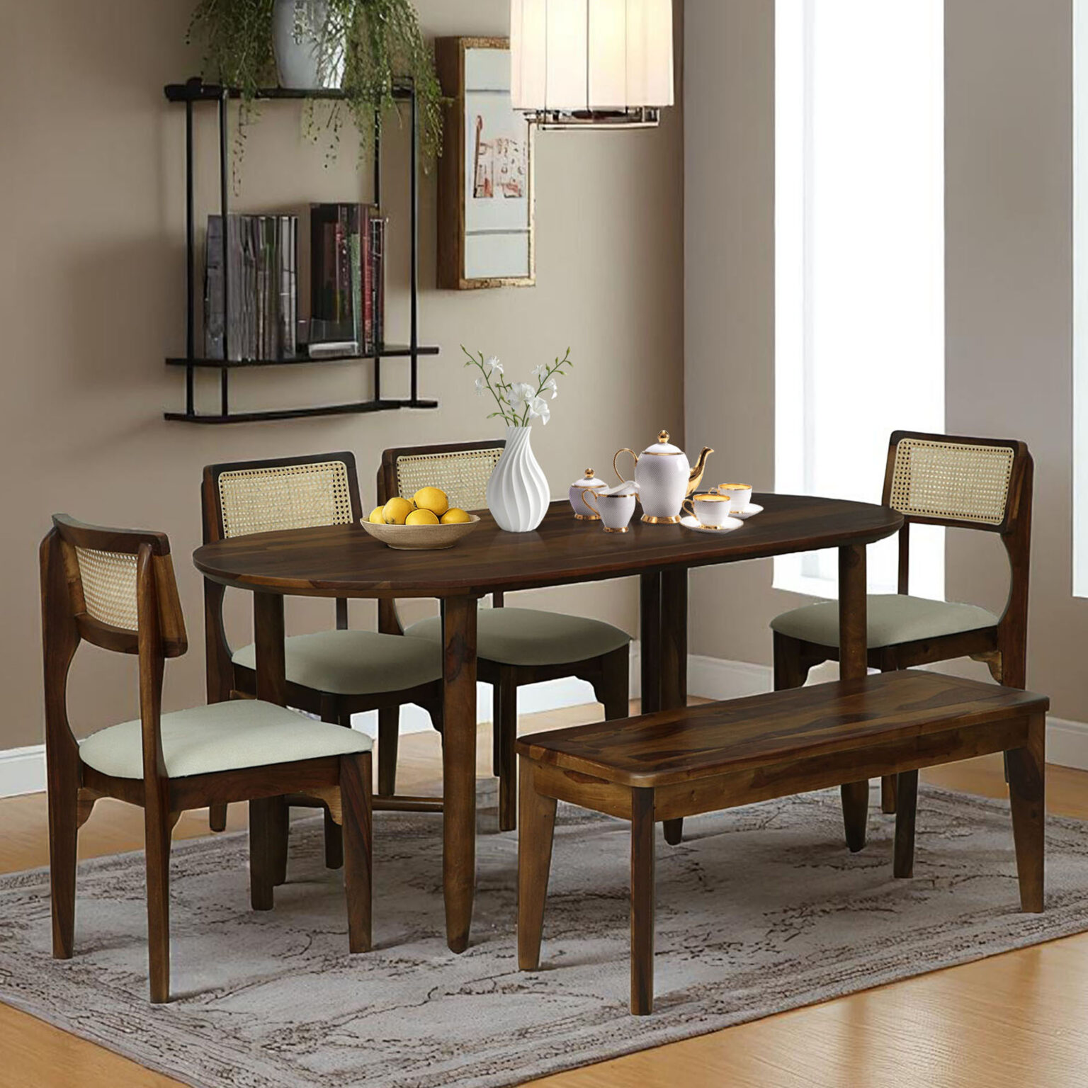 Carlisle Sheesham Wood 6 Seater Dining Set with Bench in Teak finish ...