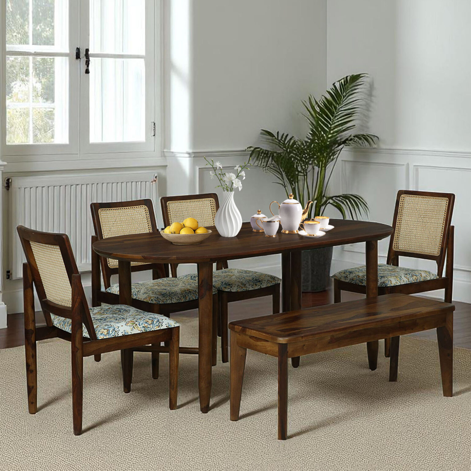 Carlisle Sheesham Wood Oval 6 Seater Dining set with Bench - Vintage Home