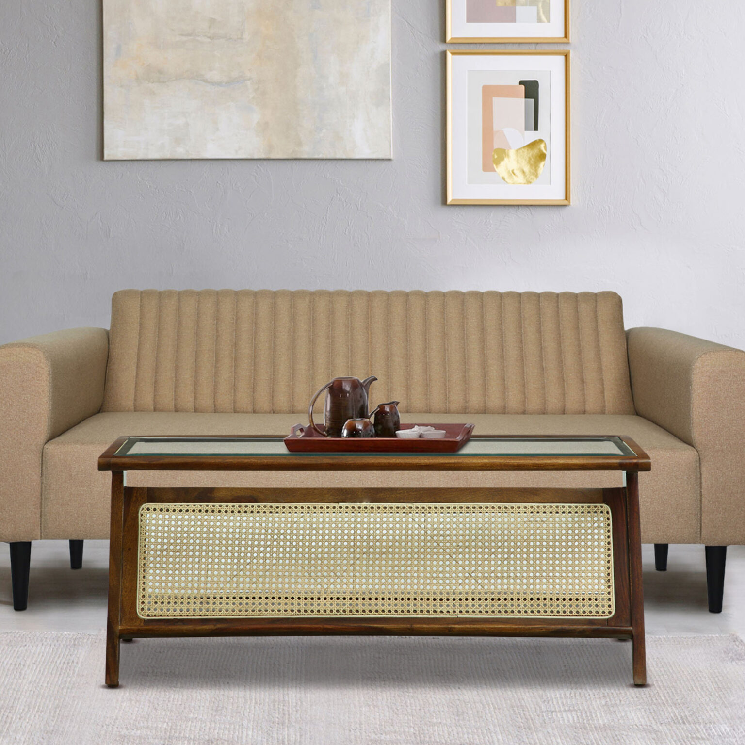 Kritika Sheesham Wood Cane & Glass Coffee Table – Vintage Finish ...